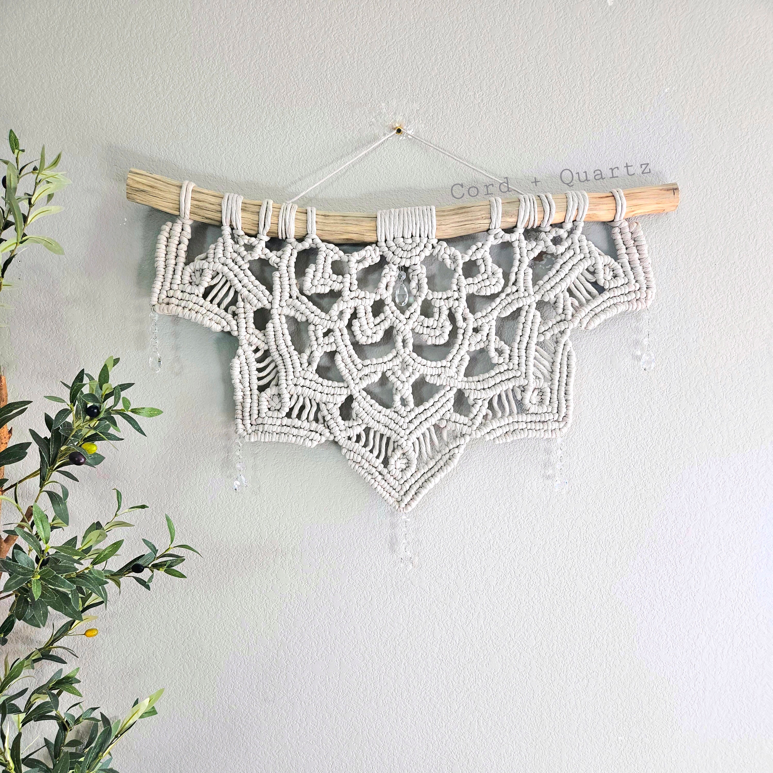 3 foot Large half mandala macramé wall hanging with hanging crystal dr ...