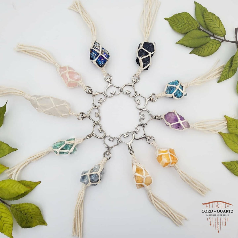 Raw crystal macrame wrapped keychains – Cord + Quartz