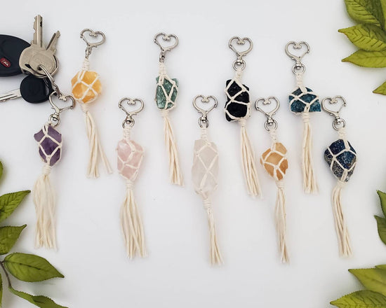 Raw crystal macrame wrapped keychains – Cord + Quartz