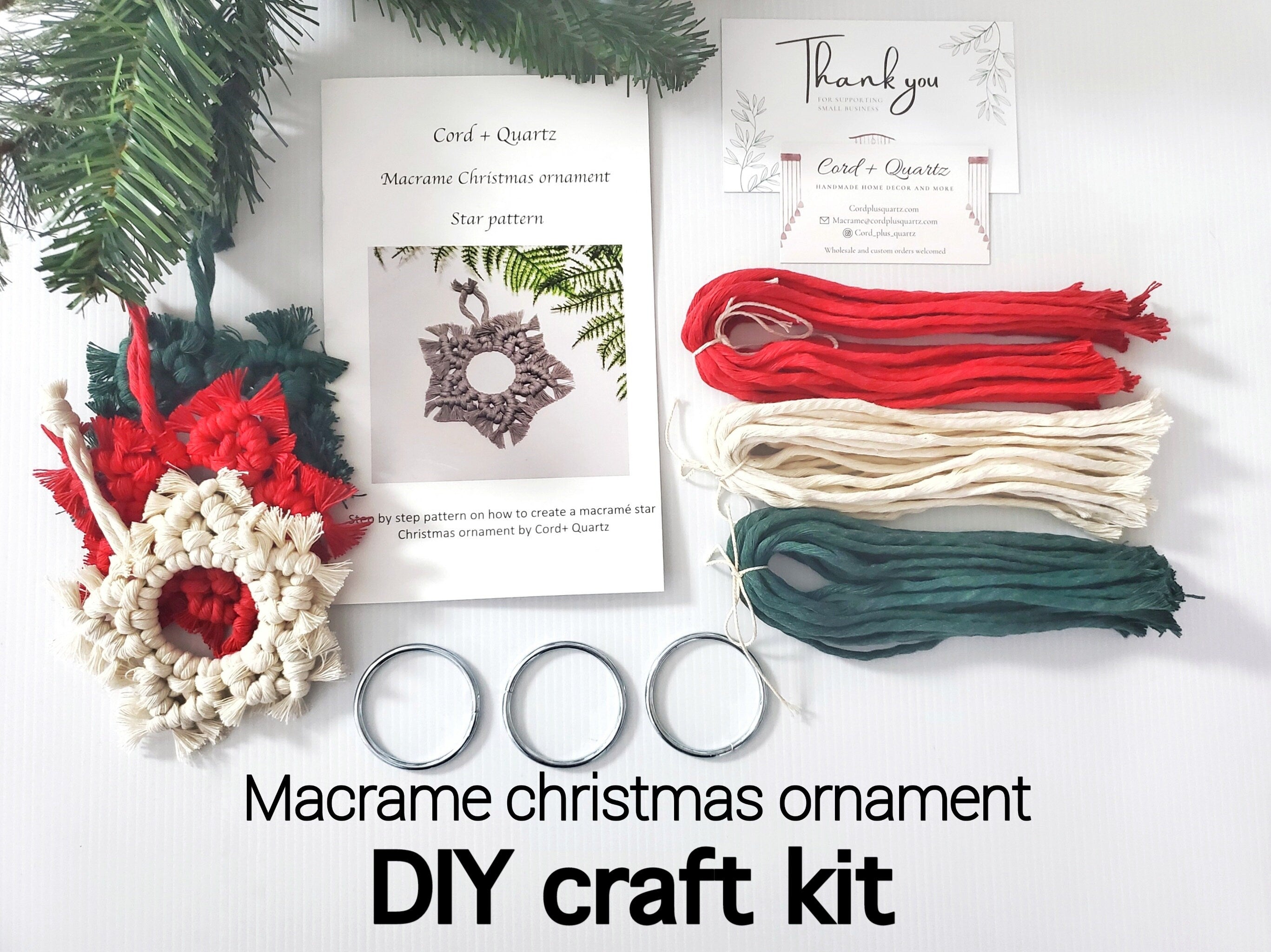 DIY craft Christmas ornament kit. Macrame star – Cord + Quartz